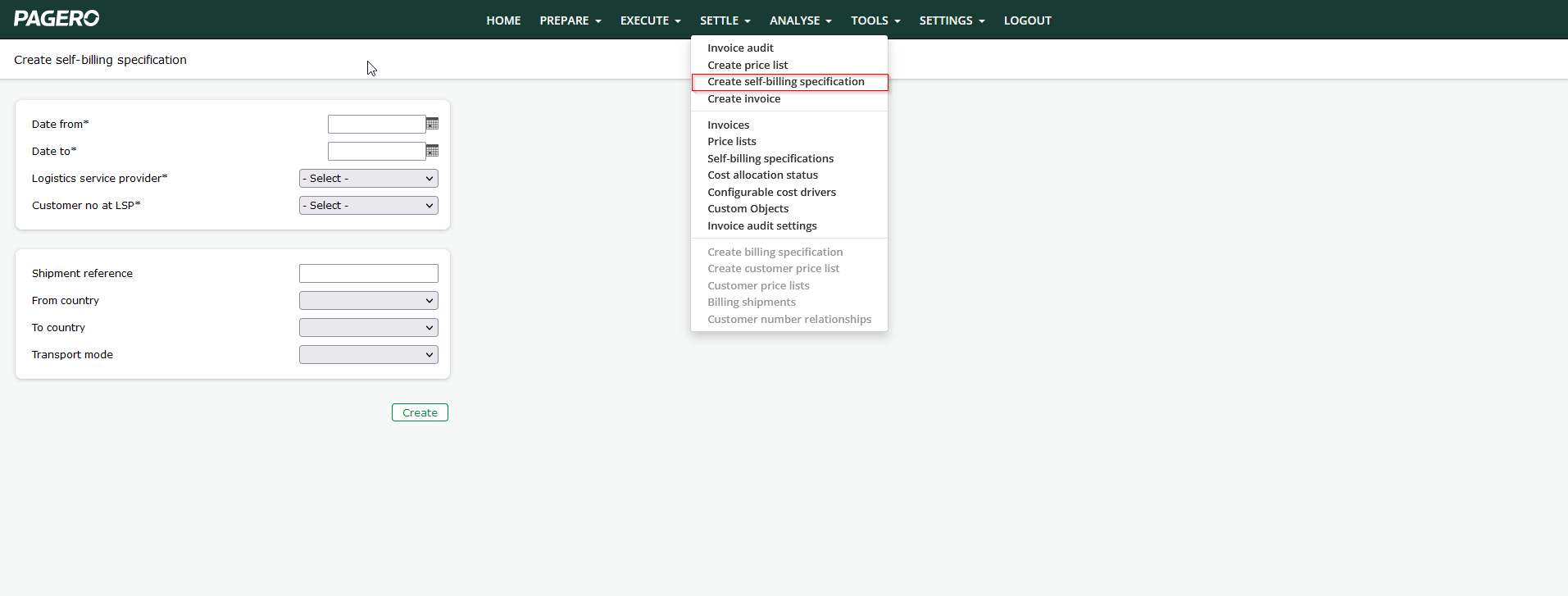 Create a self billing specification – Pagero Support Center